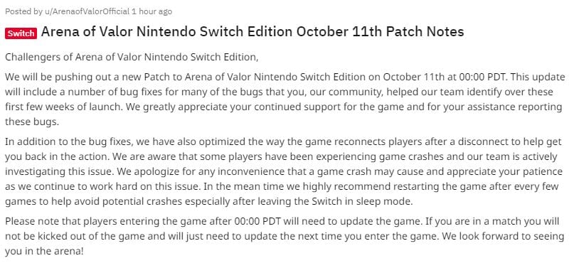 Surat Official Arena of Valor Nintendo Switch Patch Note 11 Oktober ...