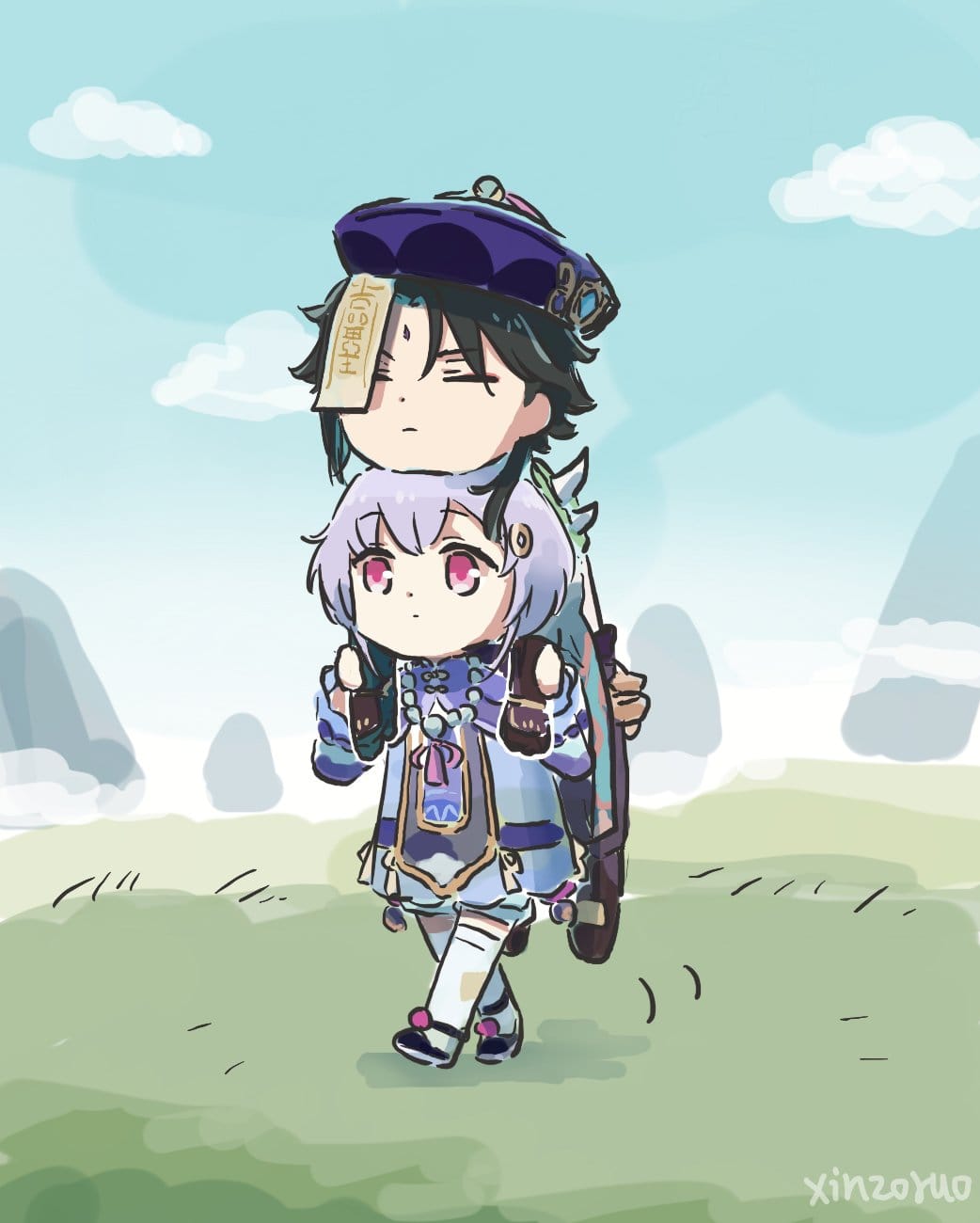 Viral Fanart Qiqi Genshin Impact Menggendong Xiao yang Gemas Banget ...