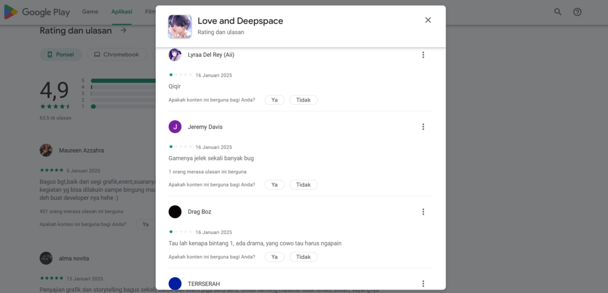 Game Love and Deepspace Kena Review Bomb di Google Play